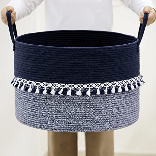 ZuiJia Shenghuo XXXLarge cotton Rope toy Basket-21.7"x21.7"x13.8"Baby Laundry Blanket Basket for storage-Extra Large Toy Bin with Handles-Living Room Bedroom Laundry Tassel Decor basket-Navy blue