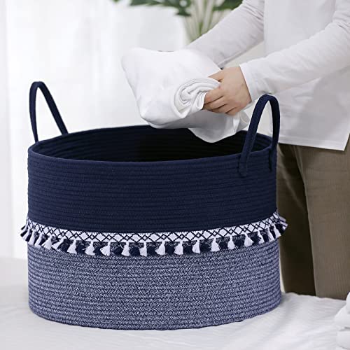 ZuiJia Shenghuo XXXLarge cotton Rope toy Basket-21.7"x21.7"x13.8"Baby Laundry Blanket Basket for storage-Extra Large Toy Bin with Handles-Living Room Bedroom Laundry Tassel Decor basket-Navy blue