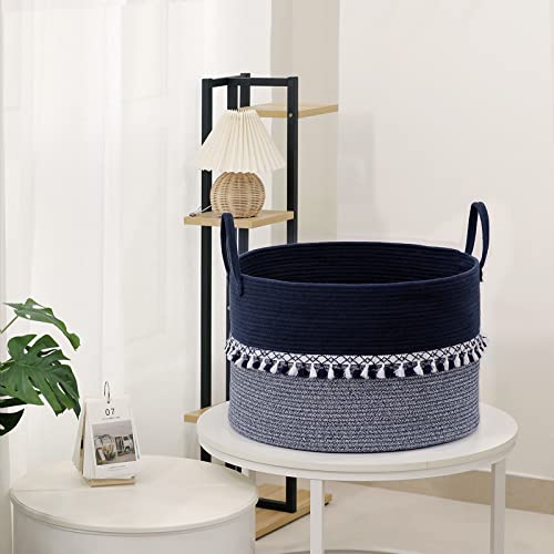 ZuiJia Shenghuo XXXLarge cotton Rope toy Basket-21.7"x21.7"x13.8"Baby Laundry Blanket Basket for storage-Extra Large Toy Bin with Handles-Living Room Bedroom Laundry Tassel Decor basket-Navy blue