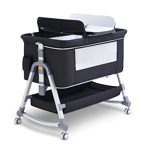 Uuoeebb 4 in 1 Baby Bassinet Bedside Sleeper, Portable Baby Bassinet with Wheels, Baby Crib with Changing Station, Mattress Included and Storage, Foldable Travel Bassinet for Baby/Infant/Newborn-Black