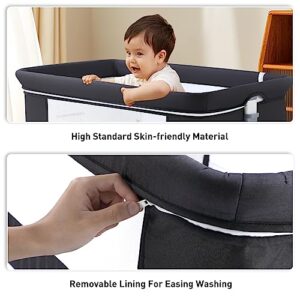 Uuoeebb 4 in 1 Baby Bassinet Bedside Sleeper, Portable Baby Bassinet with Wheels, Baby Crib with Changing Station, Mattress Included and Storage, Foldable Travel Bassinet for Baby/Infant/Newborn-Black