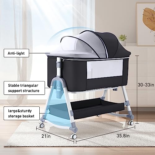 Uuoeebb 4 in 1 Baby Bassinet Bedside Sleeper, Portable Baby Bassinet with Wheels, Baby Crib with Changing Station, Mattress Included and Storage, Foldable Travel Bassinet for Baby/Infant/Newborn-Black