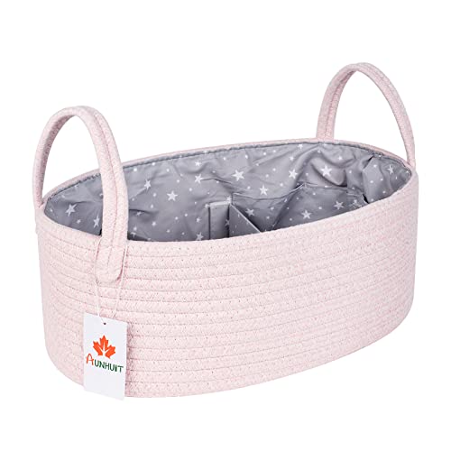 AUNHUIT Baby Diaper Caddy Organizer, Extra Large Cotton Rope Storage Bin for Nursery Essentials [8 Pockets+5 compartments], Portable Basket for Changing Table/Car-100% Natural Cotton (Pink)