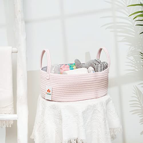 AUNHUIT Baby Diaper Caddy Organizer, Extra Large Cotton Rope Storage Bin for Nursery Essentials [8 Pockets+5 compartments], Portable Basket for Changing Table/Car-100% Natural Cotton (Pink)