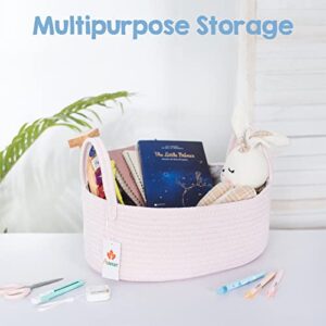 AUNHUIT Baby Diaper Caddy Organizer, Extra Large Cotton Rope Storage Bin for Nursery Essentials [8 Pockets+5 compartments], Portable Basket for Changing Table/Car-100% Natural Cotton (Pink)