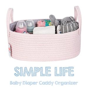 AUNHUIT Baby Diaper Caddy Organizer, Extra Large Cotton Rope Storage Bin for Nursery Essentials [8 Pockets+5 compartments], Portable Basket for Changing Table/Car-100% Natural Cotton (Pink)