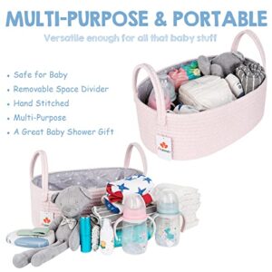 AUNHUIT Baby Diaper Caddy Organizer, Extra Large Cotton Rope Storage Bin for Nursery Essentials [8 Pockets+5 compartments], Portable Basket for Changing Table/Car-100% Natural Cotton (Pink)