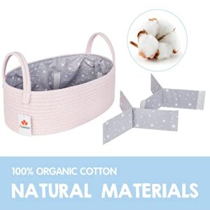 AUNHUIT Baby Diaper Caddy Organizer, Extra Large Cotton Rope Storage Bin for Nursery Essentials [8 Pockets+5 compartments], Portable Basket for Changing Table/Car-100% Natural Cotton (Pink)