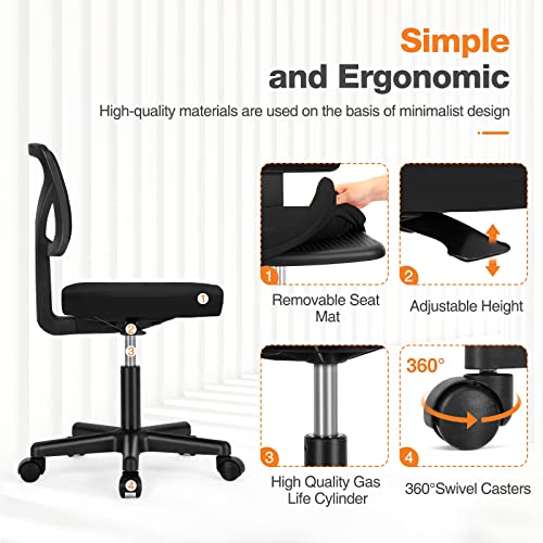 Sweetcrispy Desk Chair, Armless Office Chair, Computer Chair, Small Home Office Chairs Low-Back Mesh Chair Task Chair Swivel Rolling Chair No Arms for Small Space with Lumbar Support