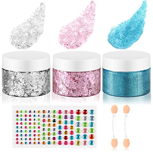 Creamify Face Body Glitter Gel - 3 Colors Pink and Silver Chunky Glitter Gel & Blue Fine Glitter Gel with Gems Sticker, Rave Accessories Hair Glitter Body Shimmer, Less Gel & Quick Dry, 65g