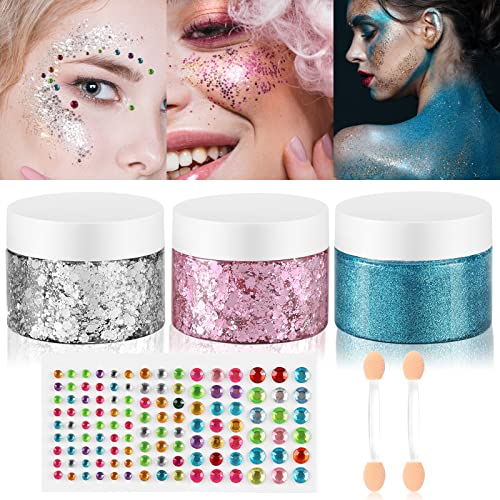 Creamify Face Body Glitter Gel - 3 Colors Pink and Silver Chunky Glitter Gel & Blue Fine Glitter Gel with Gems Sticker, Rave Accessories Hair Glitter Body Shimmer, Less Gel & Quick Dry, 65g