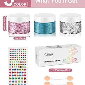 Creamify Face Body Glitter Gel - 3 Colors Pink and Silver Chunky Glitter Gel & Blue Fine Glitter Gel with Gems Sticker, Rave Accessories Hair Glitter Body Shimmer, Less Gel & Quick Dry, 65g