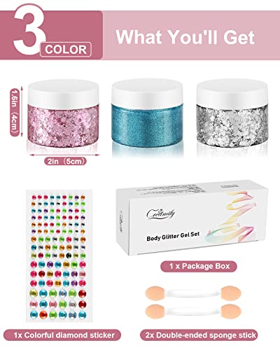 Creamify Face Body Glitter Gel - 3 Colors Pink and Silver Chunky Glitter Gel & Blue Fine Glitter Gel with Gems Sticker, Rave Accessories Hair Glitter Body Shimmer, Less Gel & Quick Dry, 65g