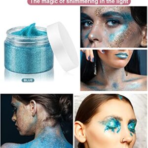 Creamify Face Body Glitter Gel - 3 Colors Pink and Silver Chunky Glitter Gel & Blue Fine Glitter Gel with Gems Sticker, Rave Accessories Hair Glitter Body Shimmer, Less Gel & Quick Dry, 65g