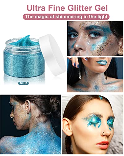 Creamify Face Body Glitter Gel - 3 Colors Pink and Silver Chunky Glitter Gel & Blue Fine Glitter Gel with Gems Sticker, Rave Accessories Hair Glitter Body Shimmer, Less Gel & Quick Dry, 65g