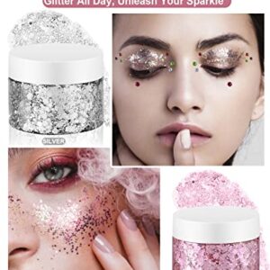 Creamify Face Body Glitter Gel - 3 Colors Pink and Silver Chunky Glitter Gel & Blue Fine Glitter Gel with Gems Sticker, Rave Accessories Hair Glitter Body Shimmer, Less Gel & Quick Dry, 65g