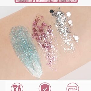 Creamify Face Body Glitter Gel - 3 Colors Pink and Silver Chunky Glitter Gel & Blue Fine Glitter Gel with Gems Sticker, Rave Accessories Hair Glitter Body Shimmer, Less Gel & Quick Dry, 65g