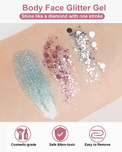 Creamify Face Body Glitter Gel - 3 Colors Pink and Silver Chunky Glitter Gel & Blue Fine Glitter Gel with Gems Sticker, Rave Accessories Hair Glitter Body Shimmer, Less Gel & Quick Dry, 65g