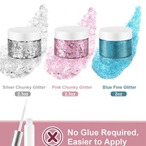 Creamify Face Body Glitter Gel - 3 Colors Pink and Silver Chunky Glitter Gel & Blue Fine Glitter Gel with Gems Sticker, Rave Accessories Hair Glitter Body Shimmer, Less Gel & Quick Dry, 65g