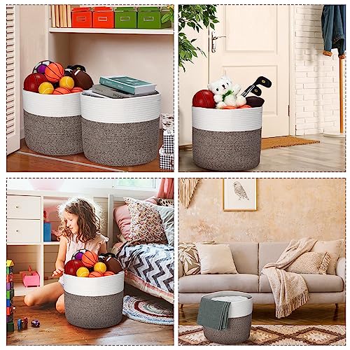 Jinei 3 Pcs Large Cotton Rope Basket 13.8'' x 11.8'' Blanket Basket Toy Storage Basket Clothes Hamper Woven Baskets with Handle Baby Laundry Basket Nursery Bin for Living Room Bathroom Bedroom Decor