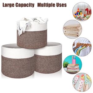 Jinei 3 Pcs Large Cotton Rope Basket 13.8'' x 11.8'' Blanket Basket Toy Storage Basket Clothes Hamper Woven Baskets with Handle Baby Laundry Basket Nursery Bin for Living Room Bathroom Bedroom Decor