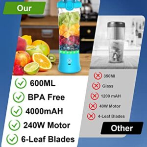 Portable Blender, Portable Blender for Shakes and Smoothies, 600ml Portable Blender 20 oz with USB Rechargeable, Personal Size Blenders with 6 Sharp Blades, Mini blenders for kitchen/Travel/Office