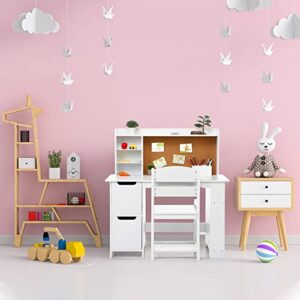 Wooden Sdudy Desk with Chair for Kids, Children School Study Table with Hutch and Chair, White Learning Table with Bookshelf, Bulletin Board and Cabinets, for 3-8 Years Old Boys and Girls