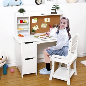 Wooden Sdudy Desk with Chair for Kids, Children School Study Table with Hutch and Chair, White Learning Table with Bookshelf, Bulletin Board and Cabinets, for 3-8 Years Old Boys and Girls