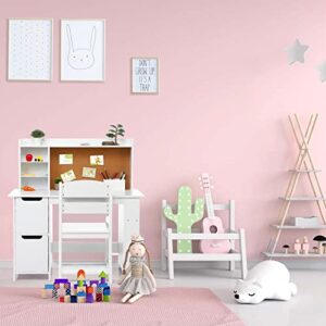 Wooden Sdudy Desk with Chair for Kids, Children School Study Table with Hutch and Chair, White Learning Table with Bookshelf, Bulletin Board and Cabinets, for 3-8 Years Old Boys and Girls