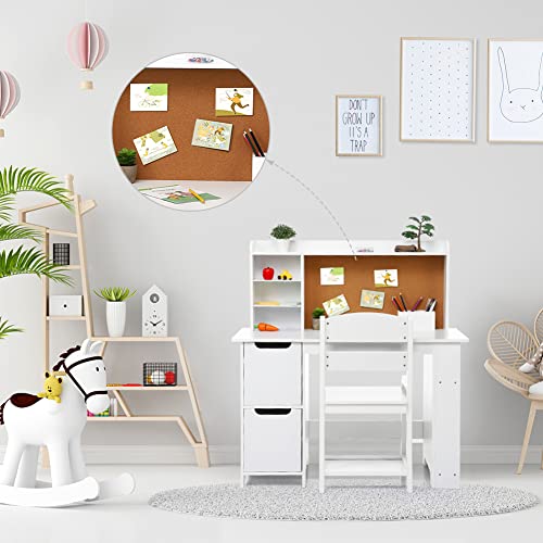 Wooden Sdudy Desk with Chair for Kids, Children School Study Table with Hutch and Chair, White Learning Table with Bookshelf, Bulletin Board and Cabinets, for 3-8 Years Old Boys and Girls