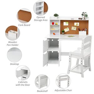 Wooden Sdudy Desk with Chair for Kids, Children School Study Table with Hutch and Chair, White Learning Table with Bookshelf, Bulletin Board and Cabinets, for 3-8 Years Old Boys and Girls