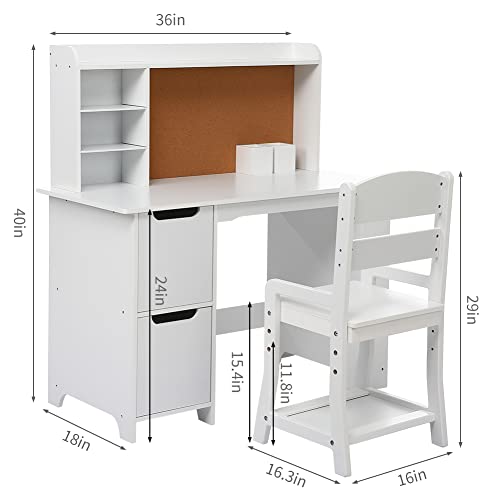 Wooden Sdudy Desk with Chair for Kids, Children School Study Table with Hutch and Chair, White Learning Table with Bookshelf, Bulletin Board and Cabinets, for 3-8 Years Old Boys and Girls