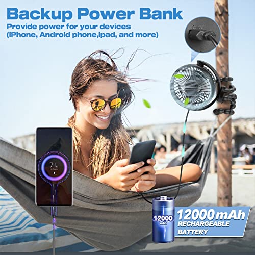 ABSKRYO Portable Stroller Fan 12000mAh Battery Operated Fan Used As Power Bank Charger Clip on Fan with Flexible Tripod Personal Small Handheld Desk Baby Car Seat Fans for Stroller Bed Camping Beach