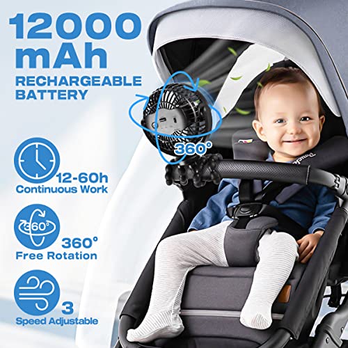 ABSKRYO Portable Stroller Fan 12000mAh Battery Operated Fan Used As Power Bank Charger Clip on Fan with Flexible Tripod Personal Small Handheld Desk Baby Car Seat Fans for Stroller Bed Camping Beach