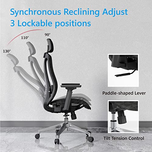 Logicfox Ergonomic mesh Office Chair, Computer Desk Chair with 3D Armrests, Adjustable Lumbar Cushion and 2D Headrest, Black High Back high Back Office Chair with Tilt Function, Mesh Backrest & Seat