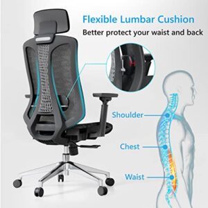 Logicfox Ergonomic mesh Office Chair, Computer Desk Chair with 3D Armrests, Adjustable Lumbar Cushion and 2D Headrest, Black High Back high Back Office Chair with Tilt Function, Mesh Backrest & Seat