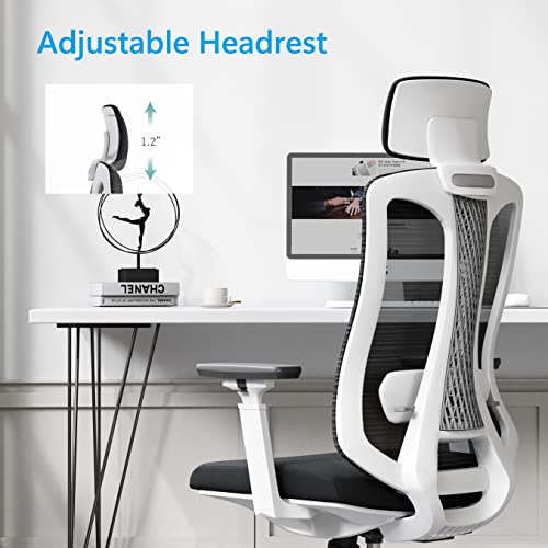 Logicfox Ergonomic Mesh Office Chair, Computer Desk Chair with 3D Armrests, Adjustable Lumbar Cushion and Adjustable Headrest, White High Back Home Office Chair with Tilt Function, Computer Chair