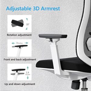 Logicfox Ergonomic Mesh Office Chair, Computer Desk Chair with 3D Armrests, Adjustable Lumbar Cushion and Adjustable Headrest, White High Back Home Office Chair with Tilt Function, Computer Chair