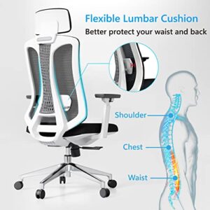 Logicfox Ergonomic Mesh Office Chair, Computer Desk Chair with 3D Armrests, Adjustable Lumbar Cushion and Adjustable Headrest, White High Back Home Office Chair with Tilt Function, Computer Chair