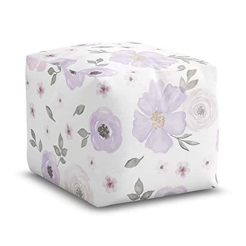 Sweet Jojo Designs Lavender Purple Boho Floral Girl Ottoman Pouf Cover Unstuffed Poof Floor Footstool Square Cube Pouffe Storage Baby Nursery Kids Room Grey Bohemian Farmhouse Shabby Chic Watercolor