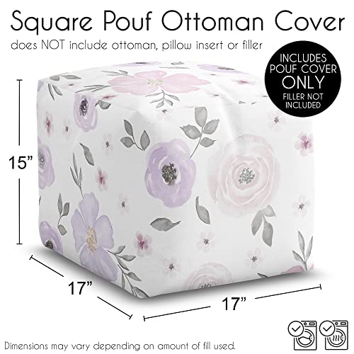 Sweet Jojo Designs Lavender Purple Boho Floral Girl Ottoman Pouf Cover Unstuffed Poof Floor Footstool Square Cube Pouffe Storage Baby Nursery Kids Room Grey Bohemian Farmhouse Shabby Chic Watercolor