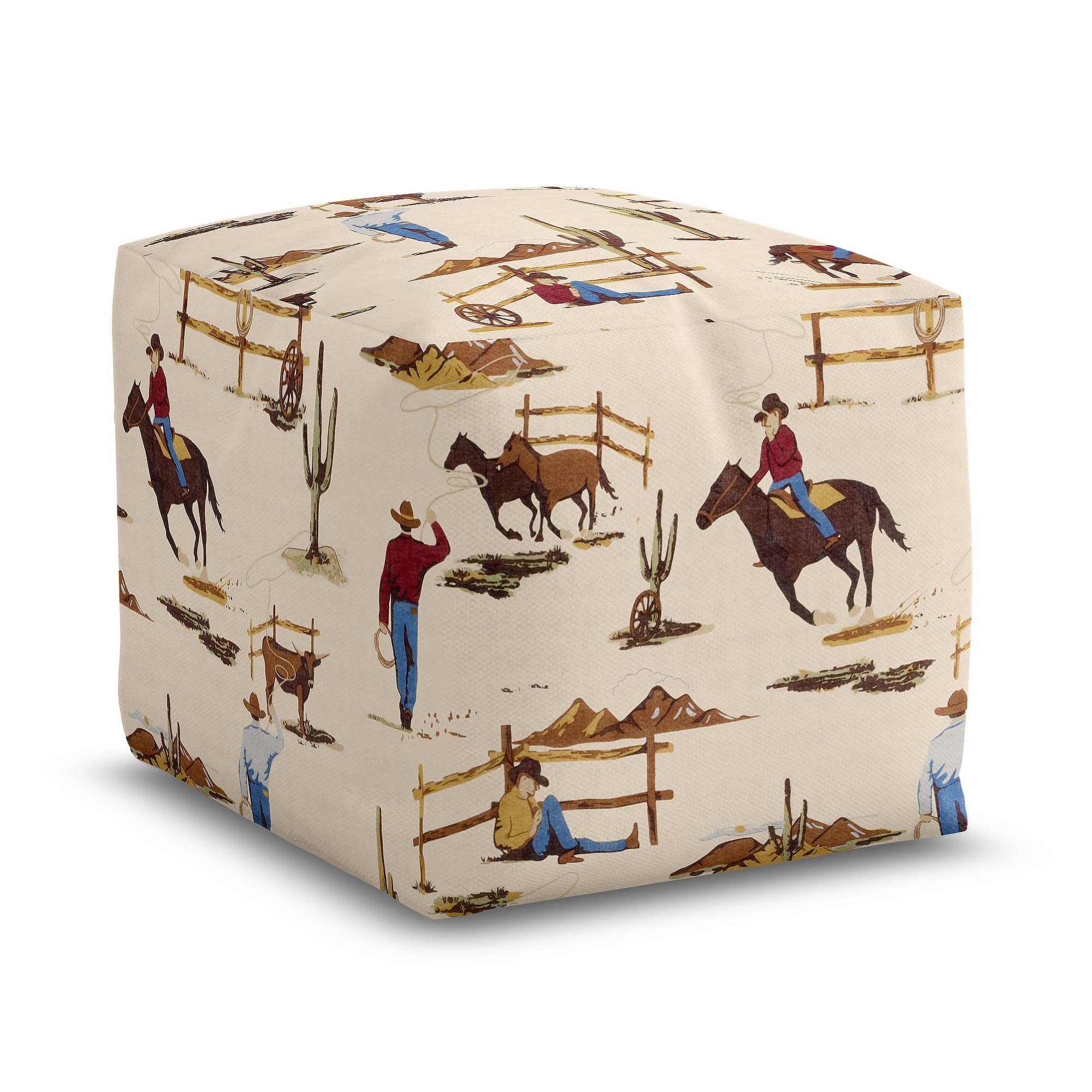 Sweet Jojo Designs Tan Brown Western Cowboy Boy Ottoman Pouf Cover Unstuffed Poof Floor Footstool Square Cube Pouffe Storage Baby Nursery Kids Room Wild West Southern Charm Horse Cow Animal Red White