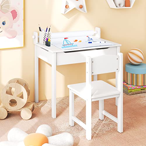 Costzon Kids Table and Chair Set, Flip Top Kids Art Craft Table w/Chair for Playroom Kindergarten, Toddler Drawing Writing Desk Set w/Paper Roll & 2 Markers, Gift for Boys Girls Ages 3+ (White)