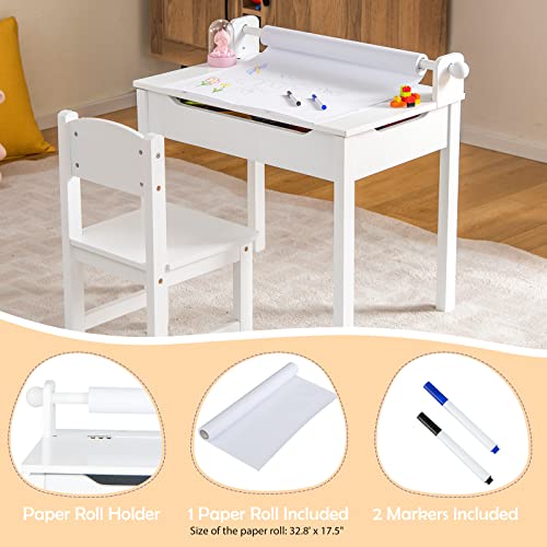 Costzon Kids Table and Chair Set, Flip Top Kids Art Craft Table w/Chair for Playroom Kindergarten, Toddler Drawing Writing Desk Set w/Paper Roll & 2 Markers, Gift for Boys Girls Ages 3+ (White)