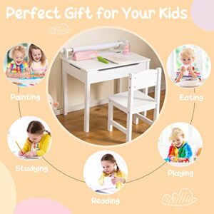 Costzon Kids Table and Chair Set, Flip Top Kids Art Craft Table w/Chair for Playroom Kindergarten, Toddler Drawing Writing Desk Set w/Paper Roll & 2 Markers, Gift for Boys Girls Ages 3+ (White)