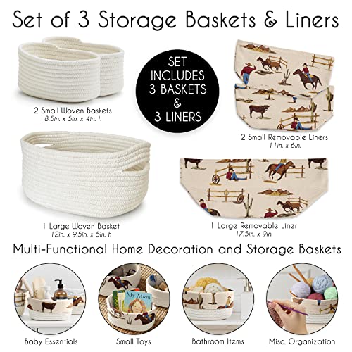 Sweet Jojo Designs Tan Brown Western Cowboy Boy Woven Storage Basket Set 3pc Cotton Rope Diaper Caddy Bins Baby Nursery Shelf Kids Closet Drawer Organizer Liner Wild West Southern Country South Horse