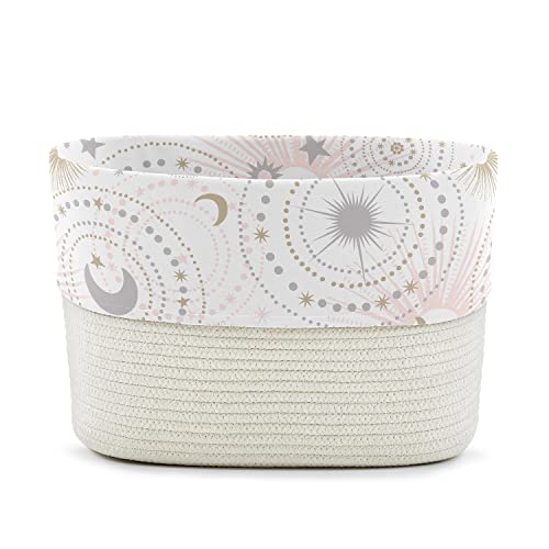 Sweet Jojo Designs Blush Pink Gold Star Moon Girl Woven Storage Basket Decorative Cotton Rope Lined Bin Baby Nursery Kids Bedroom Toys Closet Shelf Organizer Grey Celestial Sky Stars Gray Shabby Chic