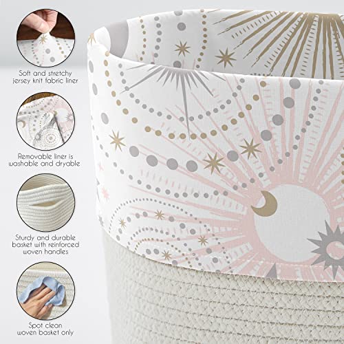 Sweet Jojo Designs Blush Pink Gold Star Moon Girl Woven Storage Basket Decorative Cotton Rope Lined Bin Baby Nursery Kids Bedroom Toys Closet Shelf Organizer Grey Celestial Sky Stars Gray Shabby Chic