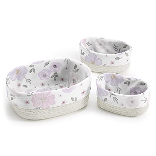 Sweet Jojo Designs Lavender Purple Boho Floral Girl Woven Storage Basket Set 3pc Cotton Rope Diaper Caddy Bins Baby Nursery Kids Closet Drawer Organizer Liner Pink Bohemian Farmhouse Shabby Watercolor