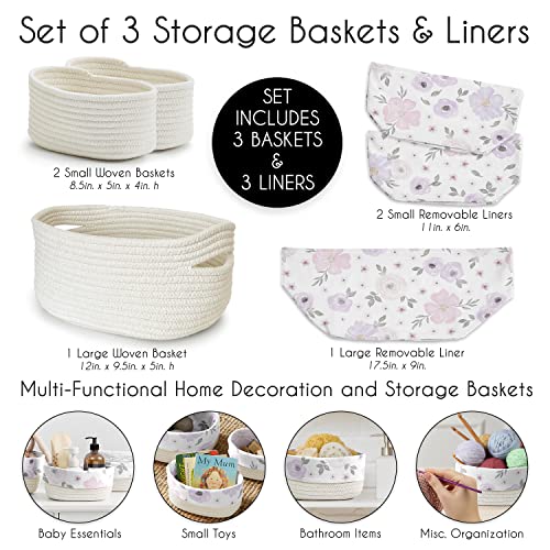 Sweet Jojo Designs Lavender Purple Boho Floral Girl Woven Storage Basket Set 3pc Cotton Rope Diaper Caddy Bins Baby Nursery Kids Closet Drawer Organizer Liner Pink Bohemian Farmhouse Shabby Watercolor